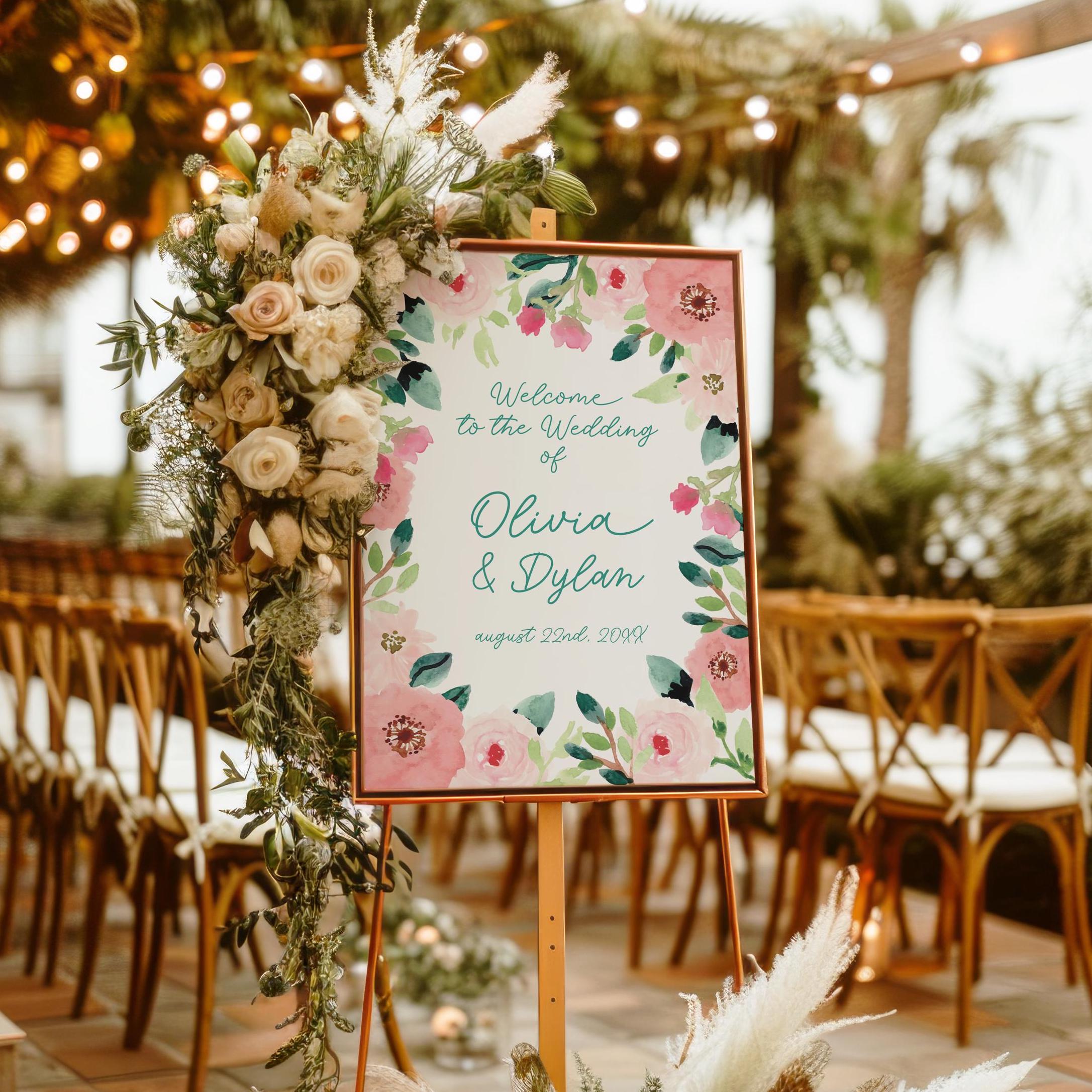 Hand Drawn Wedding Welcome Sign, Colourful Spring Floral Wedding ...