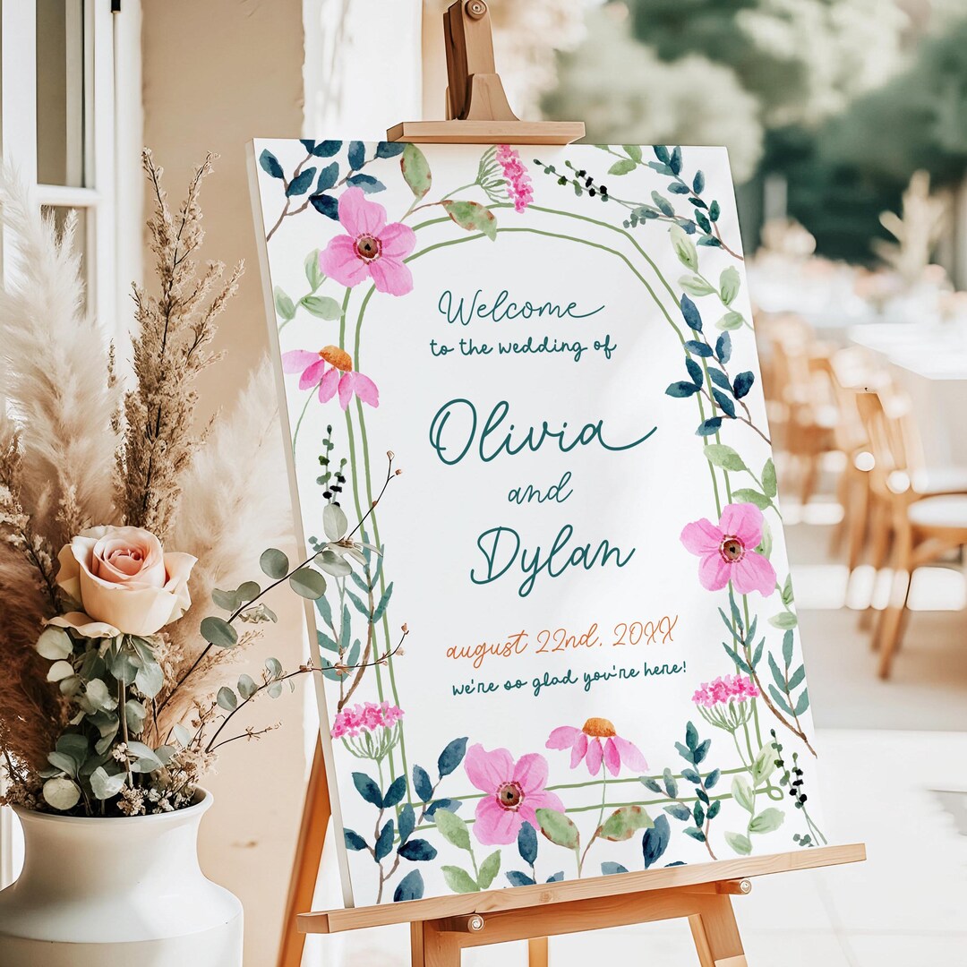 Hand Drawn Floral Wedding Welcome Sign, Colourful Spring Wedding ...