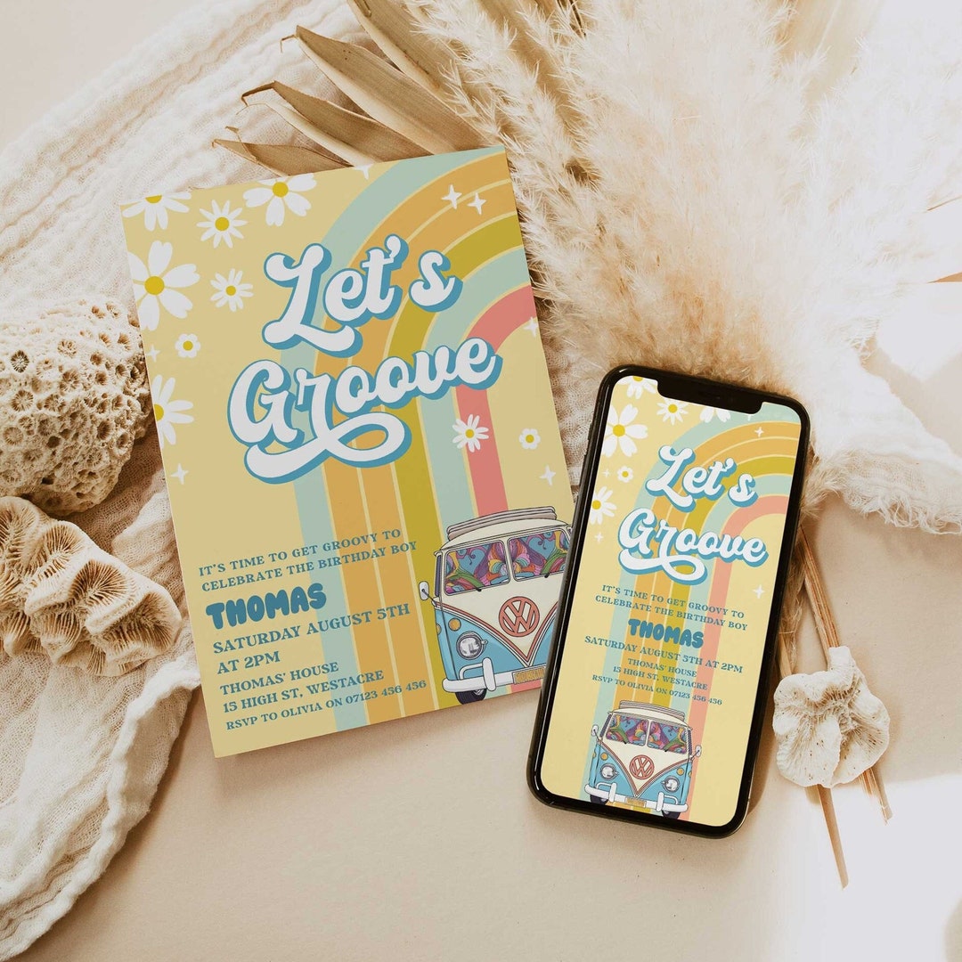 Lets Groove Birthday Invitation, Blue Van Rainbow, Groovy 4th Birthday ...