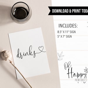 Minimalist Drinks Table Sign, Printable Table Sign, Minimalist Bridal ...
