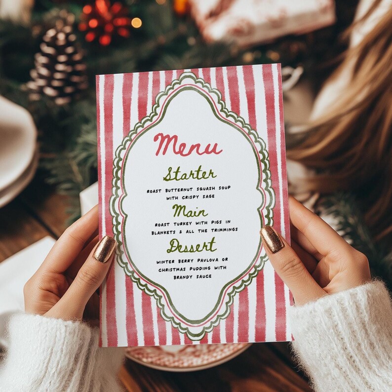 Red Christmas Dinner Menu Template, Friendsmas Holiday Party Menu Card ...