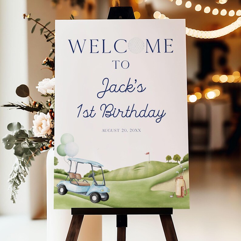 Hole in One First Birthday Welcome Sign, Editable Golf 1st Birthday ...