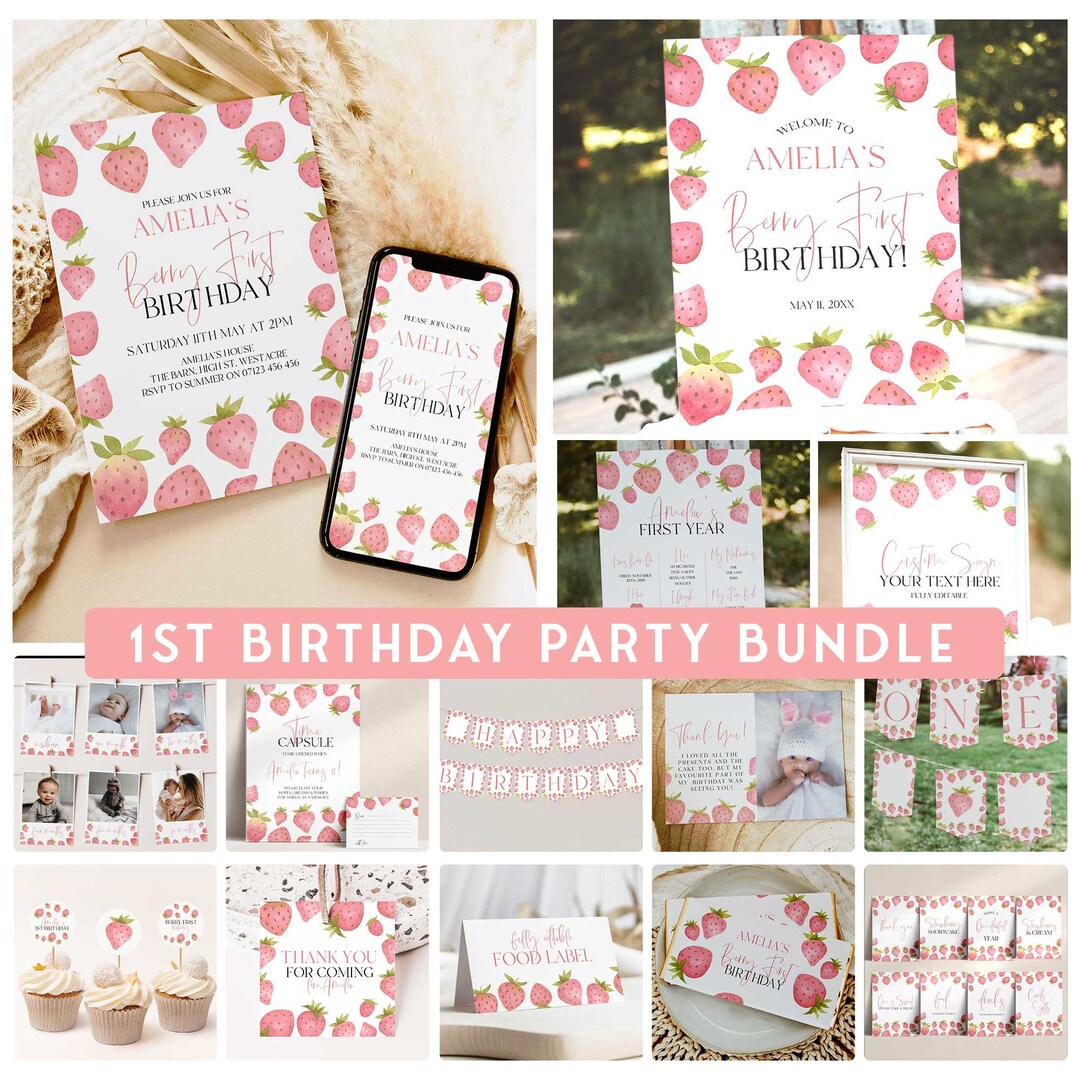Berry First Birthday Invitation Bundle, Printable Strawberry 1st ...