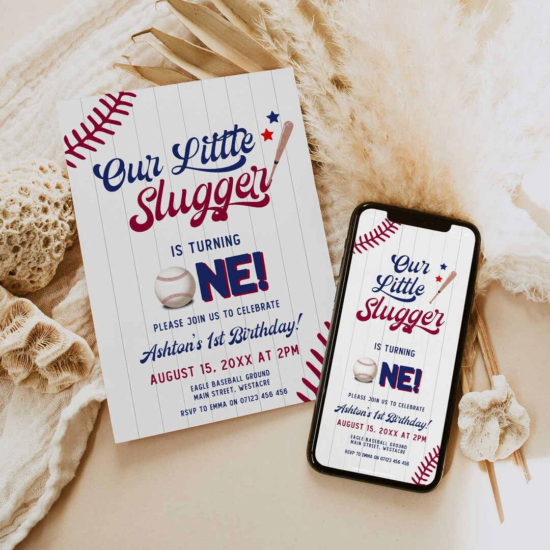 Baseball First Birthday Invitation, Our Little Slugger Invite, Baseball ...