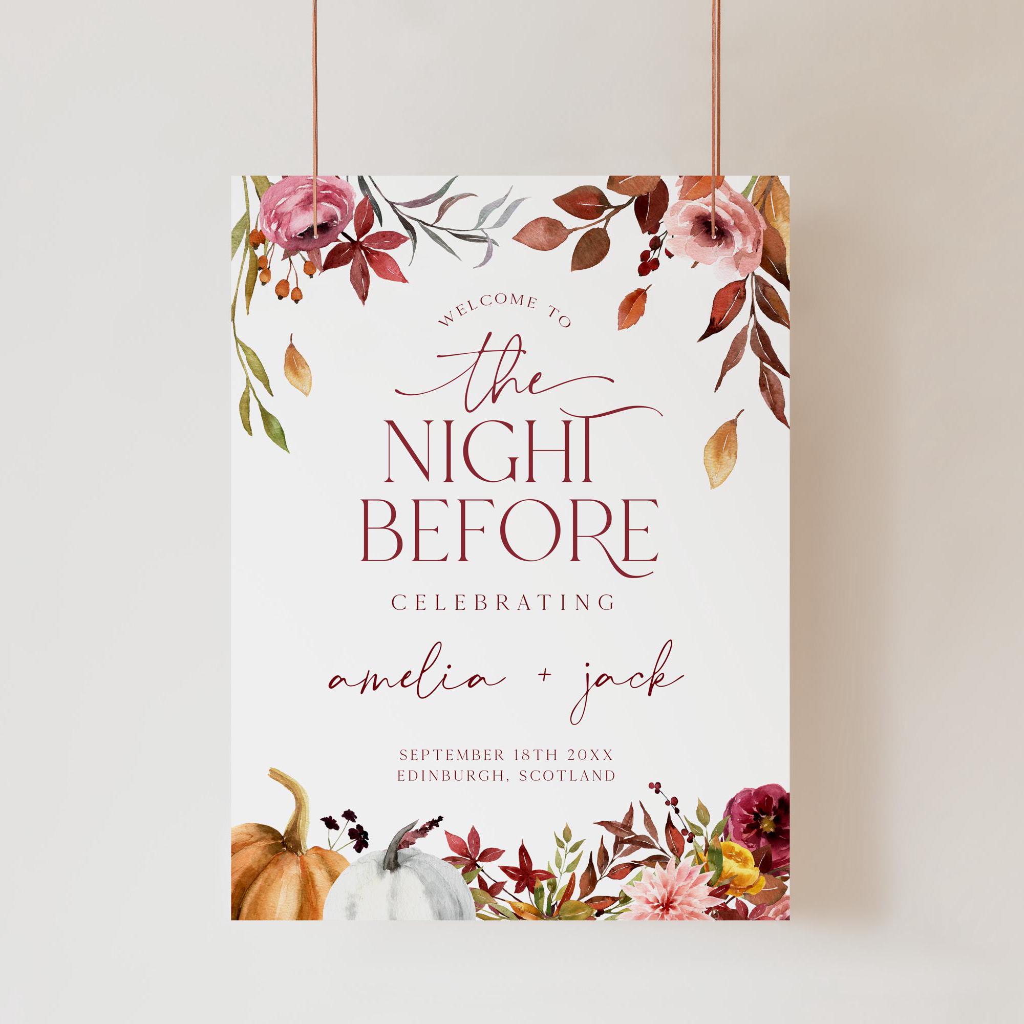Wedding Rehearsal Dinner Welcome Sign, Fall the Night Before Dinner ...