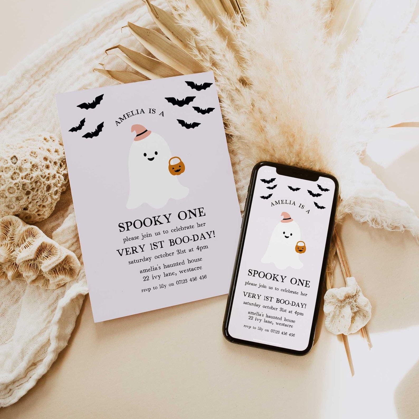 Spooky One First Birthday Invitation, Pink Simple Ghost 1st Birthday ...