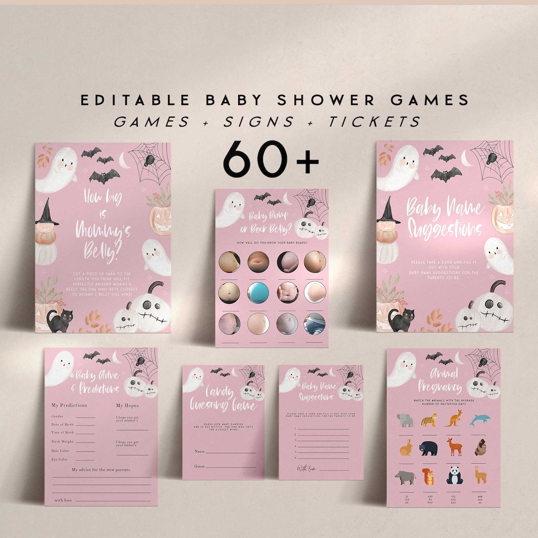 Little Boo Halloween Baby Shower Games Bundle, 60 Editable Baby Shower ...