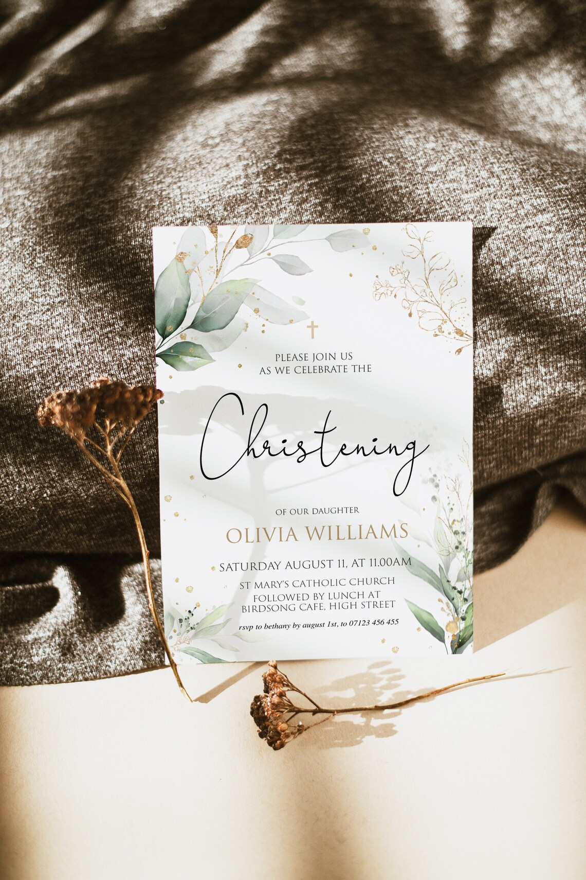EDITABLE Christening Invitation Template Botanical Printable | Etsy