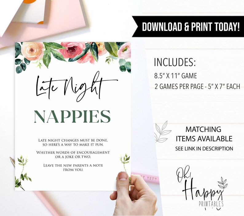 Peonies Baby Shower Late Night Nappies Game Printable Baby - Etsy