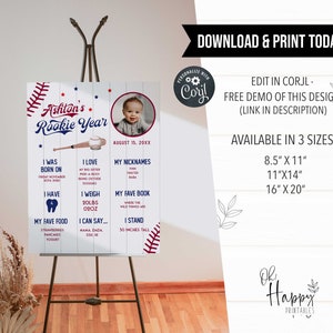Baseball 1st Birthday Poster, My First Year Baseball Birthday Milestone ...