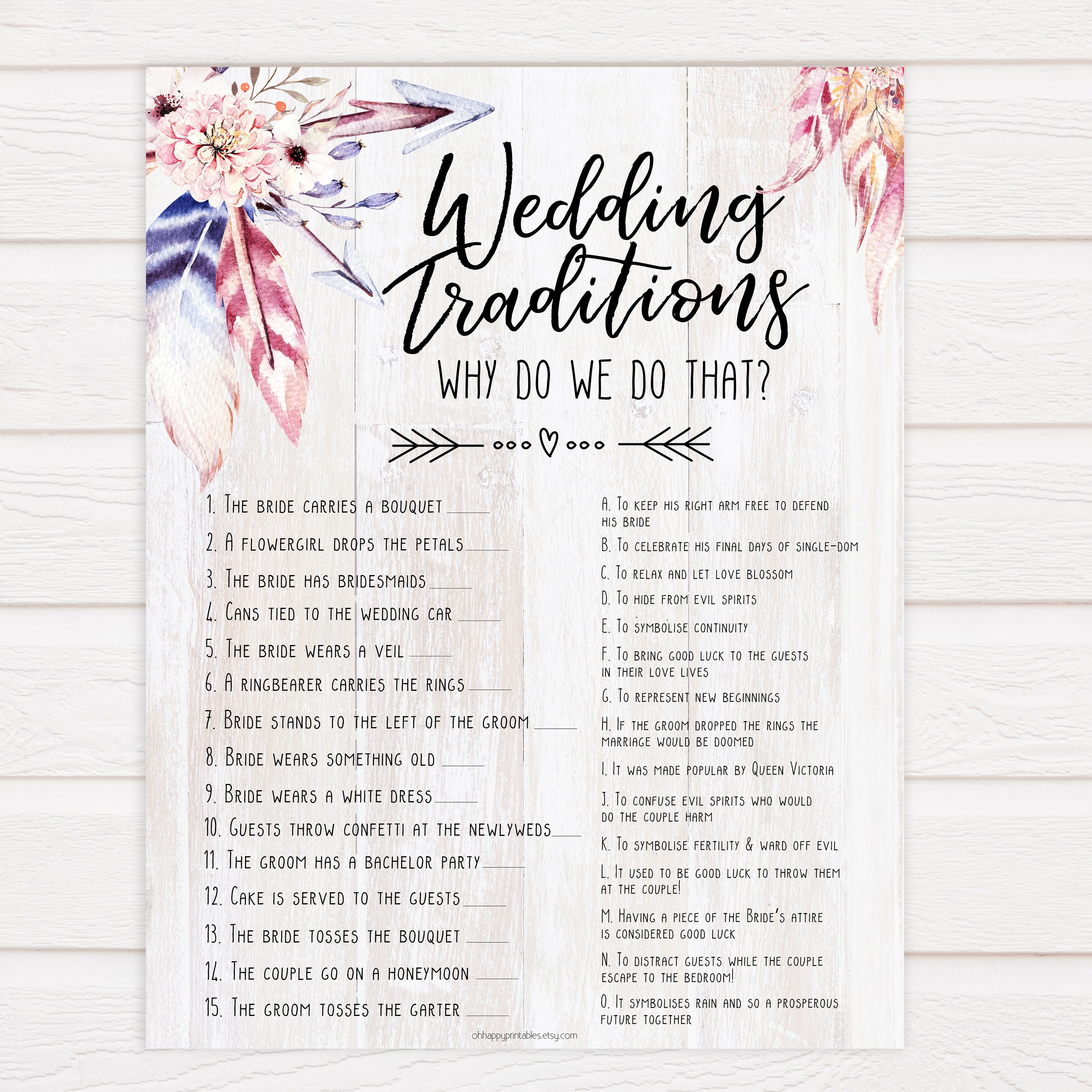 Wedding Traditions Game Bridal Shower Games Boho Bridal Etsy