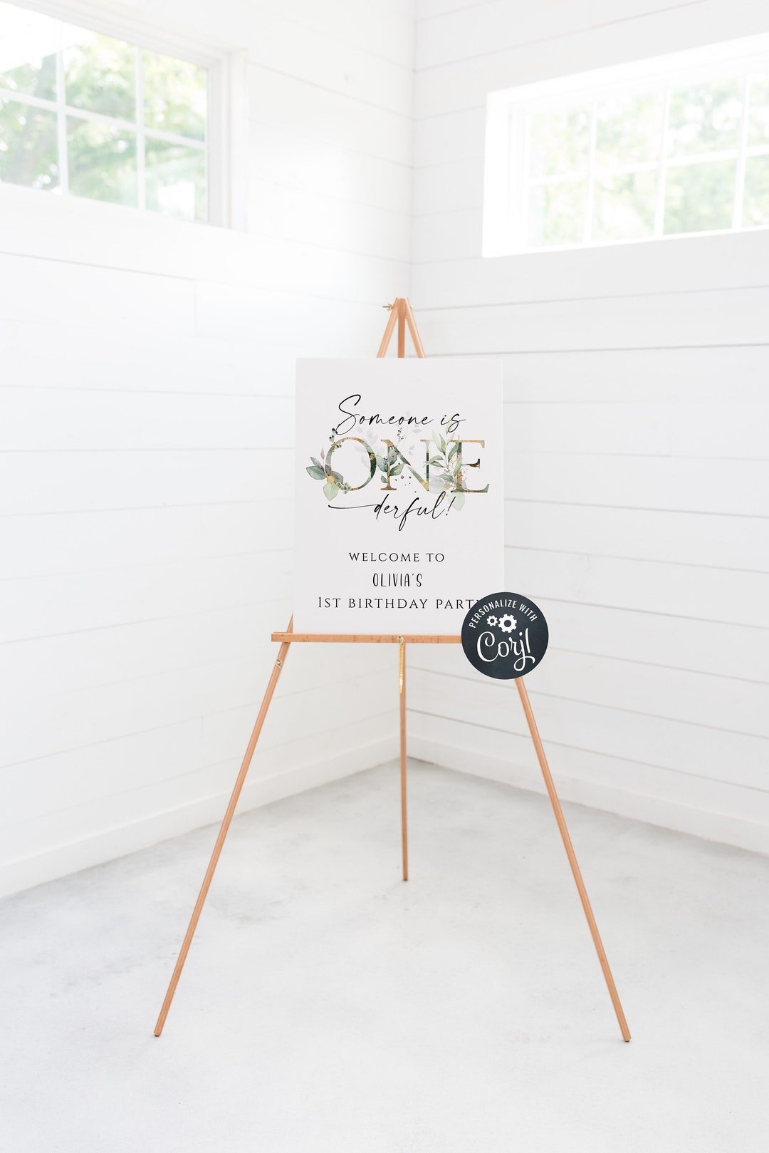 EDITABLE First Birthday Welcome Sign, Gold Greenery Welcome Sign ...