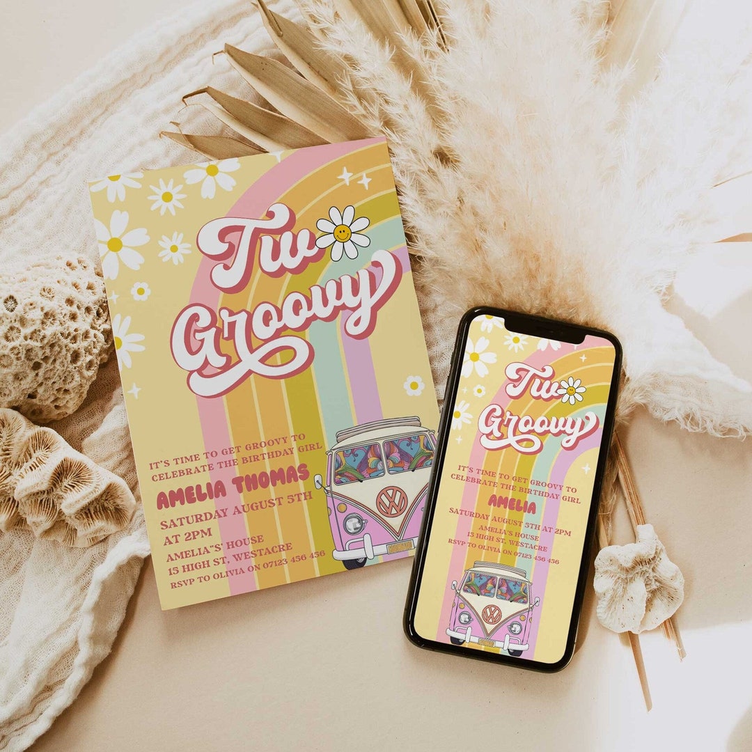 Two Groovy Birthday Invitation, Pink Van Rainbow, 2nd Groovy Birthday ...