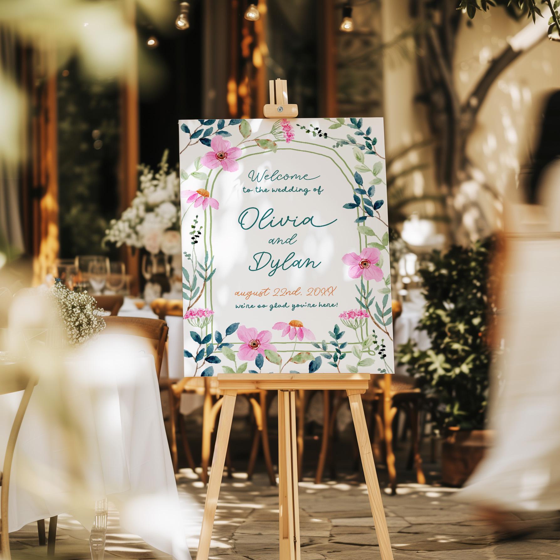 Hand Drawn Floral Wedding Welcome Sign, Colourful Spring Wedding ...