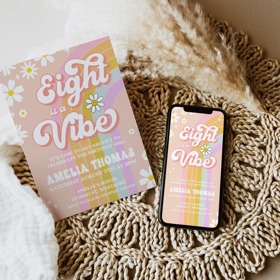 Eight is A Vibe Rainbow Birthday Invitation, Groovy 8th Birthday Party ...