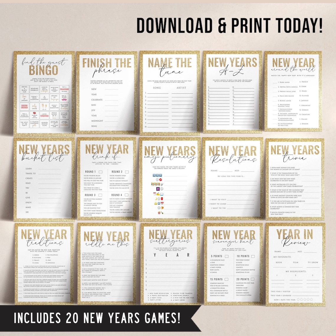 20 New Years Game Bundle, Printable Family Games, Virtual Party Games ...