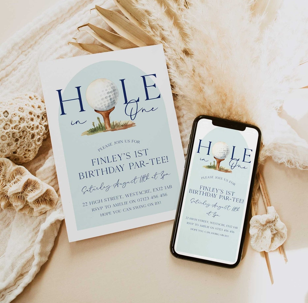 Golf First Birthday Invitation Set, Editable Hole in One 1st Birthday ...