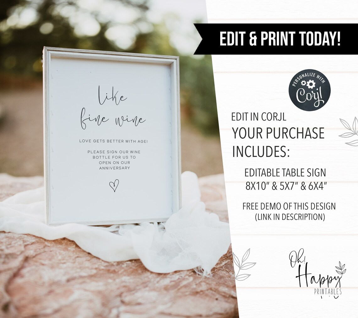 Minimalist Wedding Fine Wine Table Sign Editable Template, Wine Sign ...