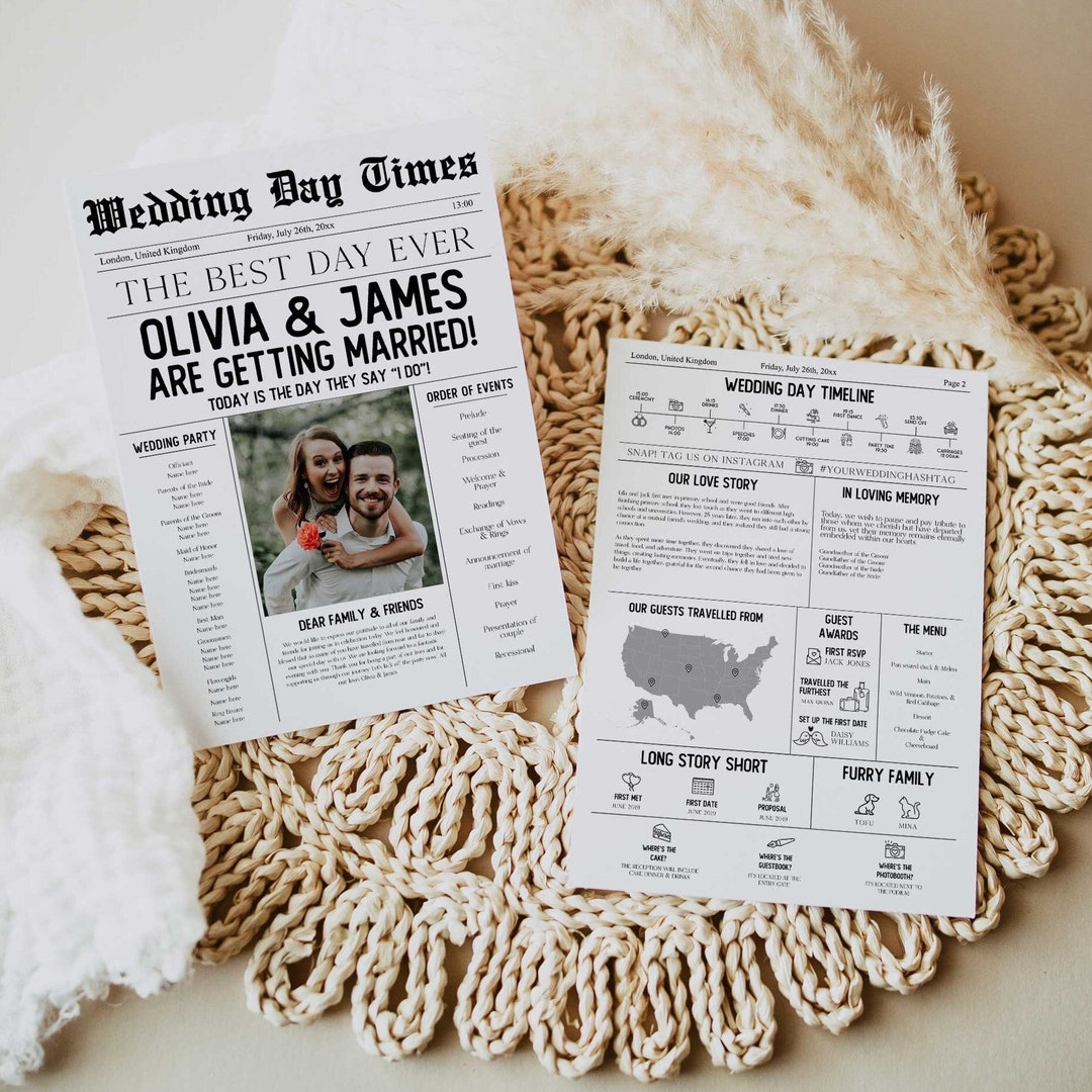 Editable Newspaper Wedding Program Template, Bold Editable Wedding ...