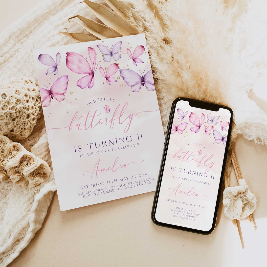 Butterfly Birthday Invitation Set, 1st Birthday Invite, Birthday ...