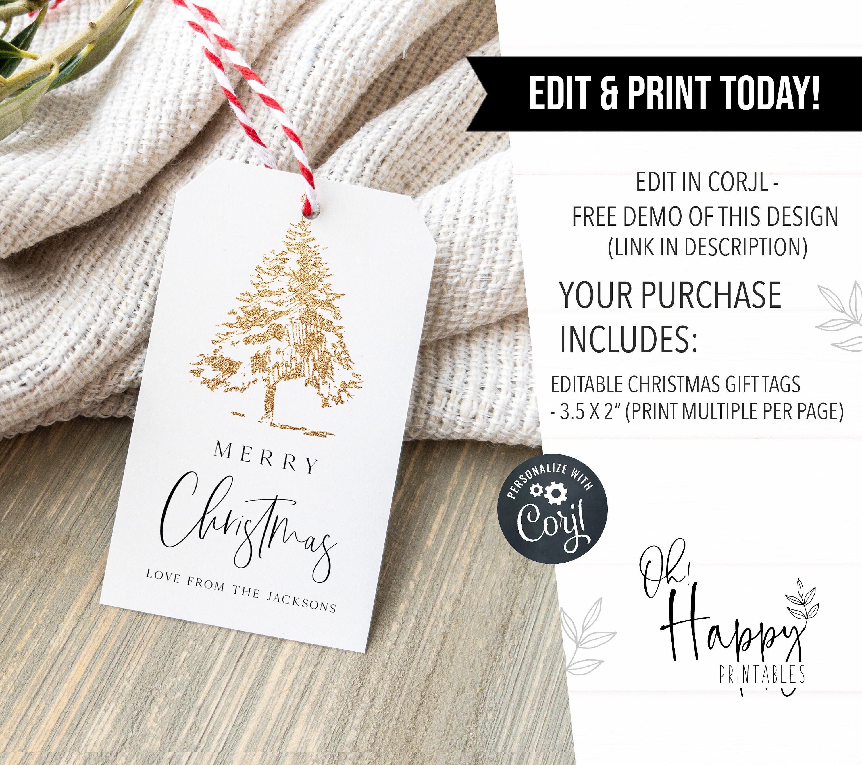 Editable Gold Christmas Gift Tag, Printable Christmas Gift Tag, Holiday ...