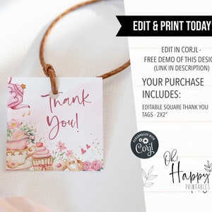 Editable Thank You Tags, Birthday Thank You Tags, Whimsical High Tea ...