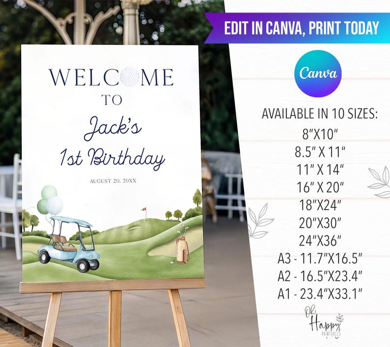 Hole in One First Birthday Welcome Sign, Editable Golf 1st Birthday ...