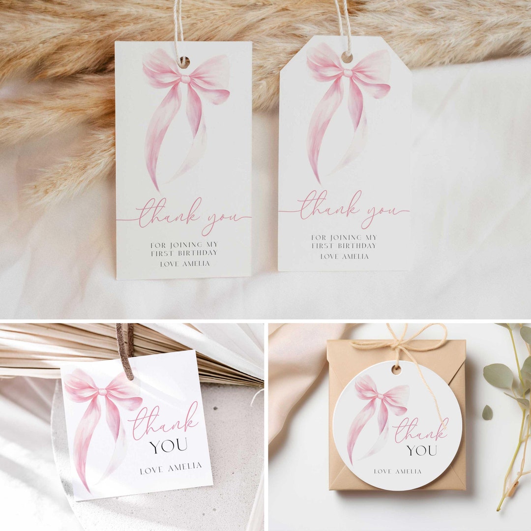 Pink Bow Favor Tags, Pink Bow 1st Birthday Favour Tags, Printable Pink ...