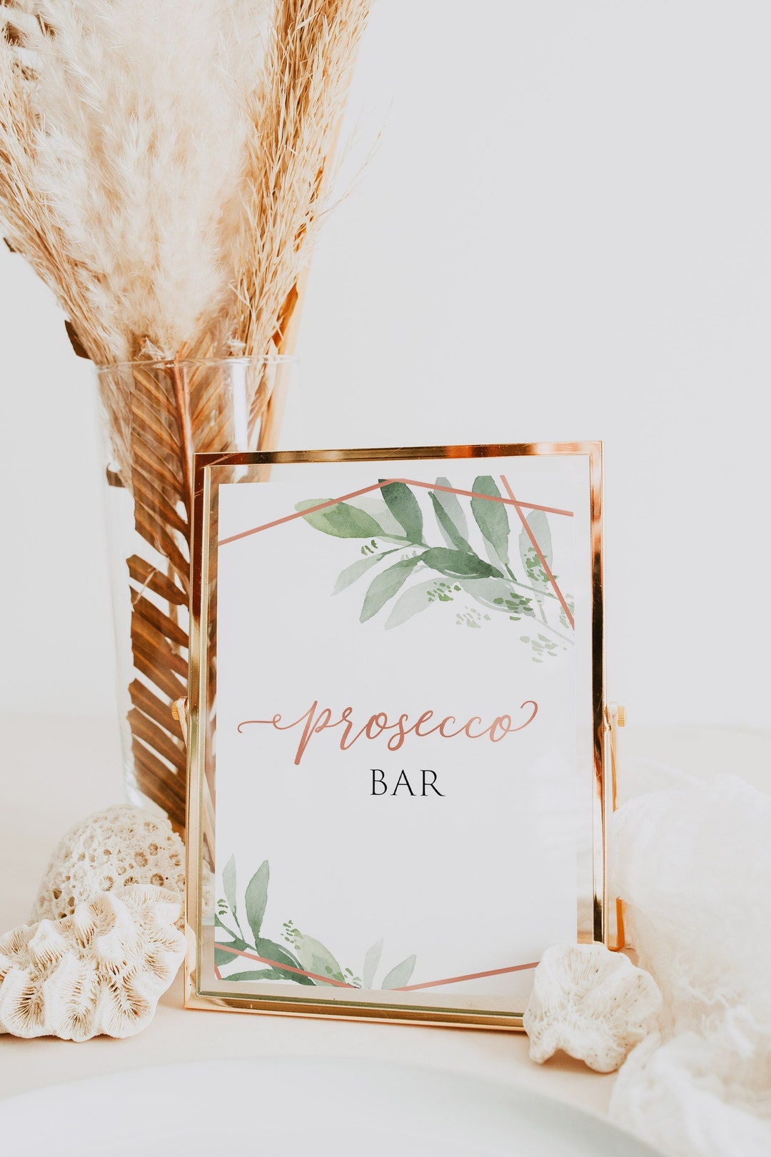 Prosecco Bar Sign, Rose Gold Greenery, Bridal Shower Decor, Printable ...