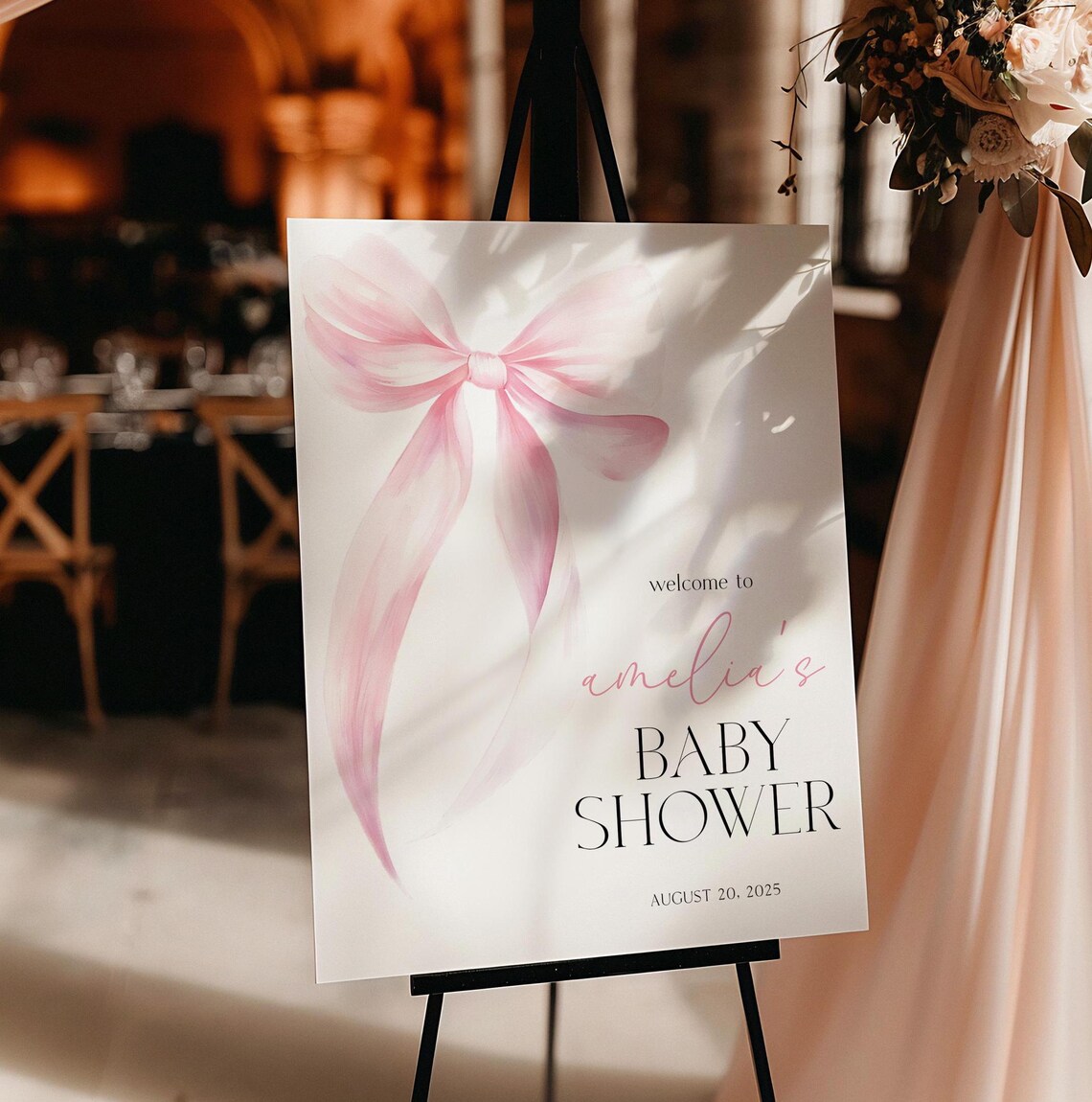 PRINTED + SHIPPED Pink Bow Baby Shower Welcome Sign, Pink Bow Baby ...