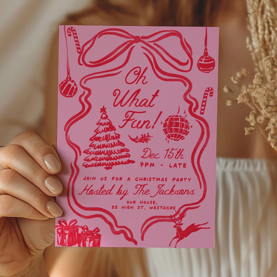 Pink Christmas Party Invitation Template, Hand Drawn Holiday Party ...