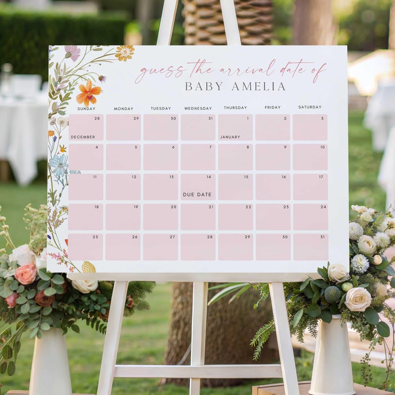 Baby Arrival Date Calendar Sign, A Little Wildflower Guess the Birthday ...
