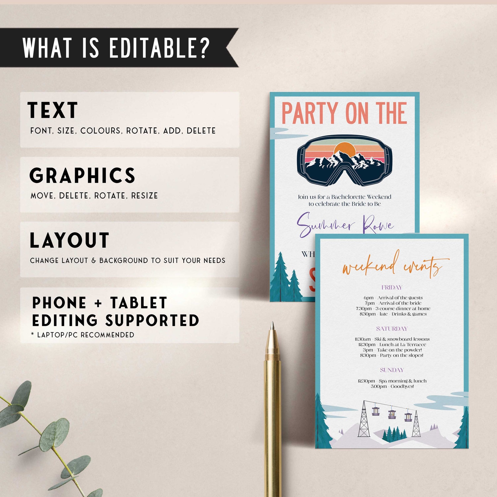 ASPEN Ski Bachelorette Party Invitation Set Ski Snowboard - Etsy