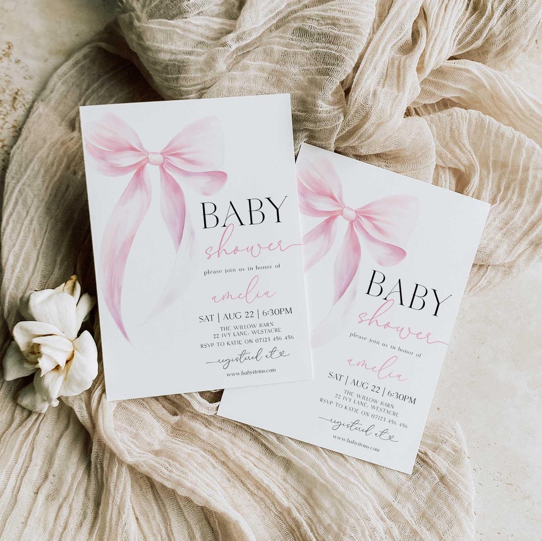 Plantilla de invitación para baby shower con lazo rosa, invitación para ...