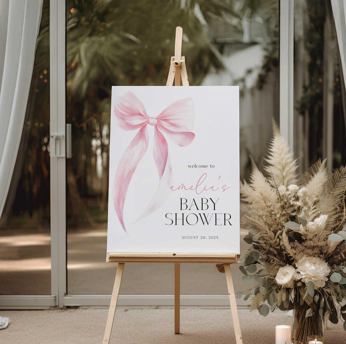 PRINTED + SHIPPED Pink Bow Baby Shower Welcome Sign, Pink Bow Baby ...