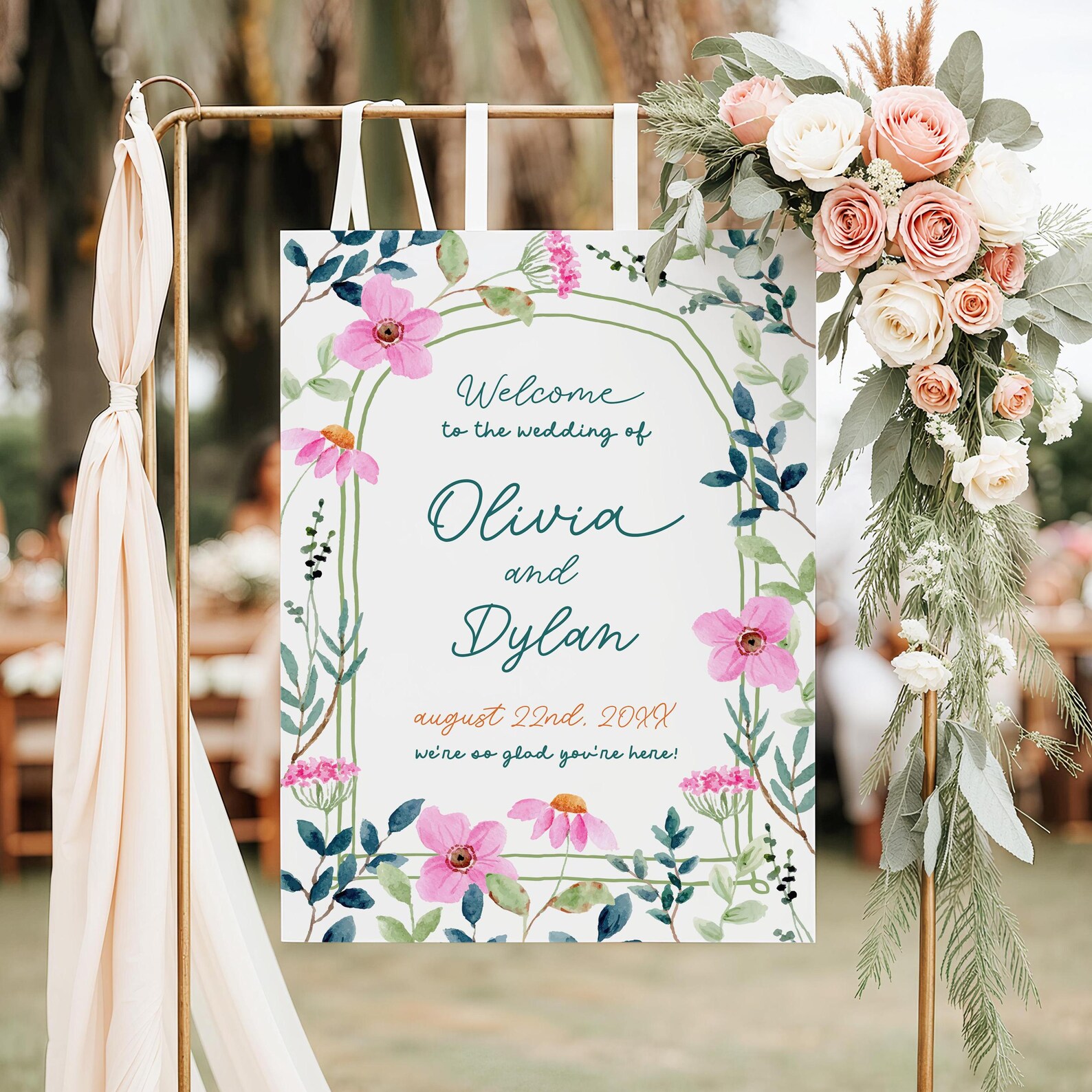 Hand Drawn Floral Wedding Welcome Sign, Colourful Spring Wedding ...