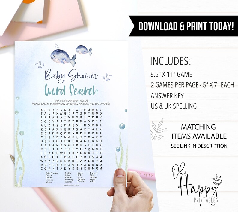 Whale Baby Shower Baby Shower Word Search Game Printable - Etsy