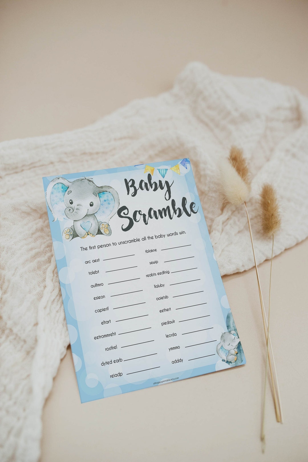 Baby Word Scramble Game, Printable Baby Shower Games, Blue Elephant ...