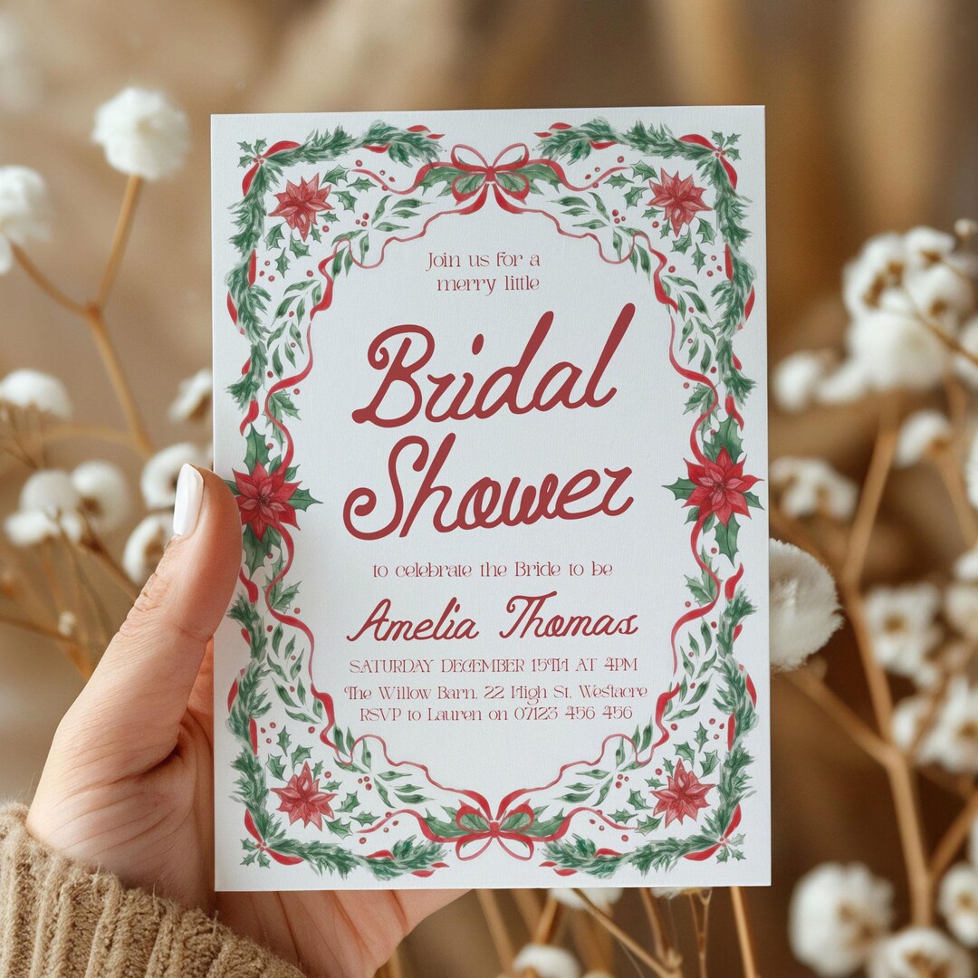 Red Floral Christmas Bridal Shower Invitation, Festive Green Floral ...