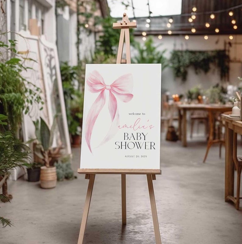 PRINTED + SHIPPED Pink Bow Baby Shower Welcome Sign, Pink Bow Baby ...