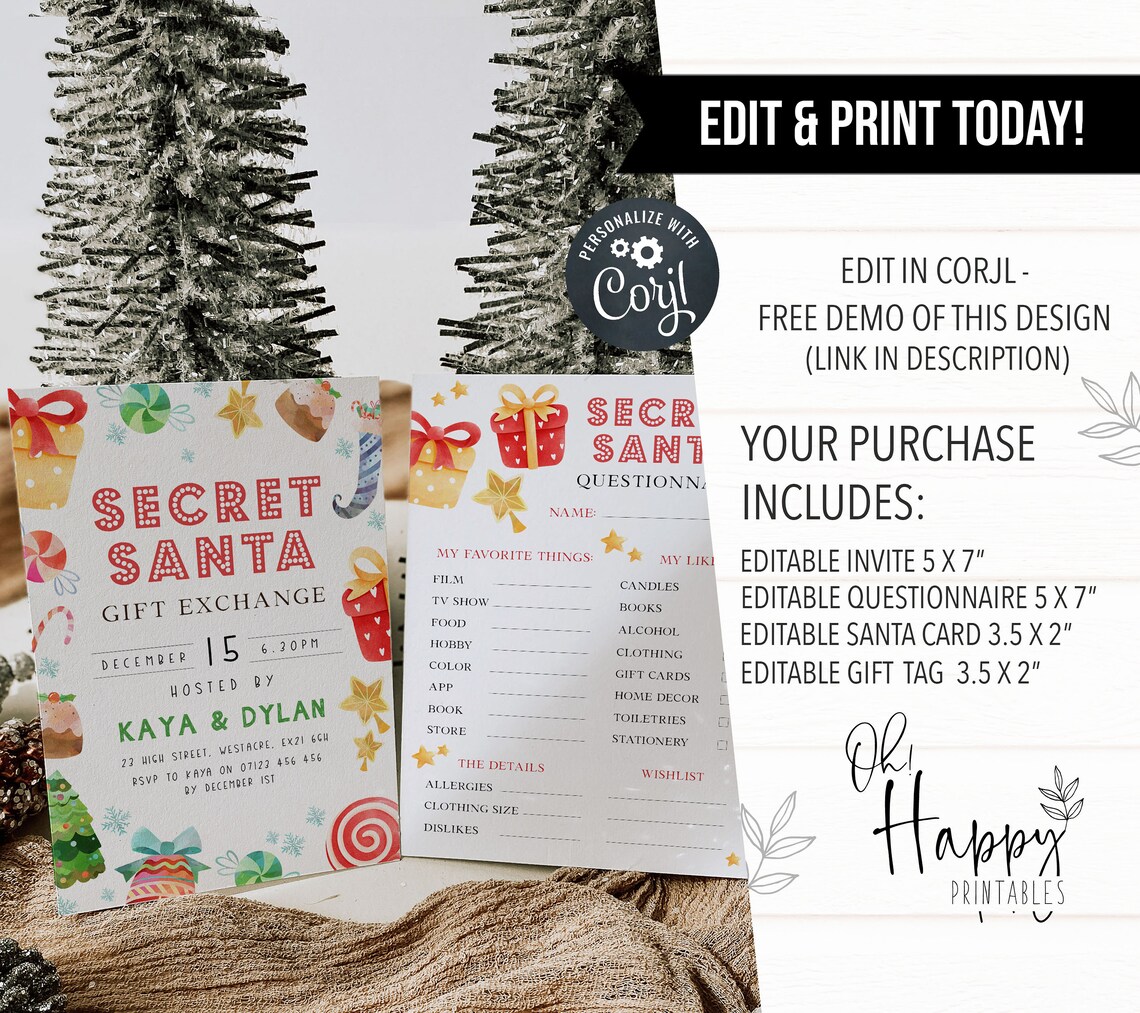 Secret Santa Bundle Printable, Secret Santa Invite, Gift Exchange ...