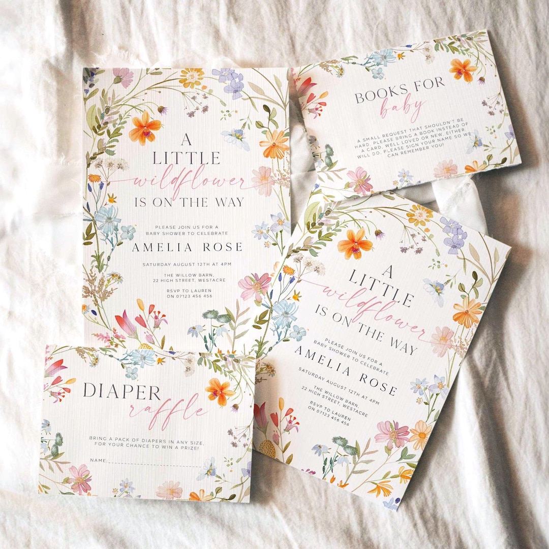 Editable A Little Wildflower Baby Shower Invite Diaper Raffle Books for ...