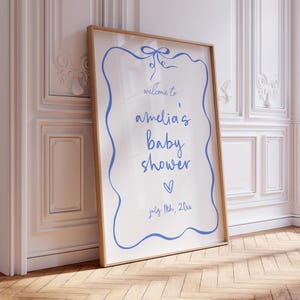 Blue Hand Drawn Bow Baby Shower Welcome Sign, Editable Template, Blue ...
