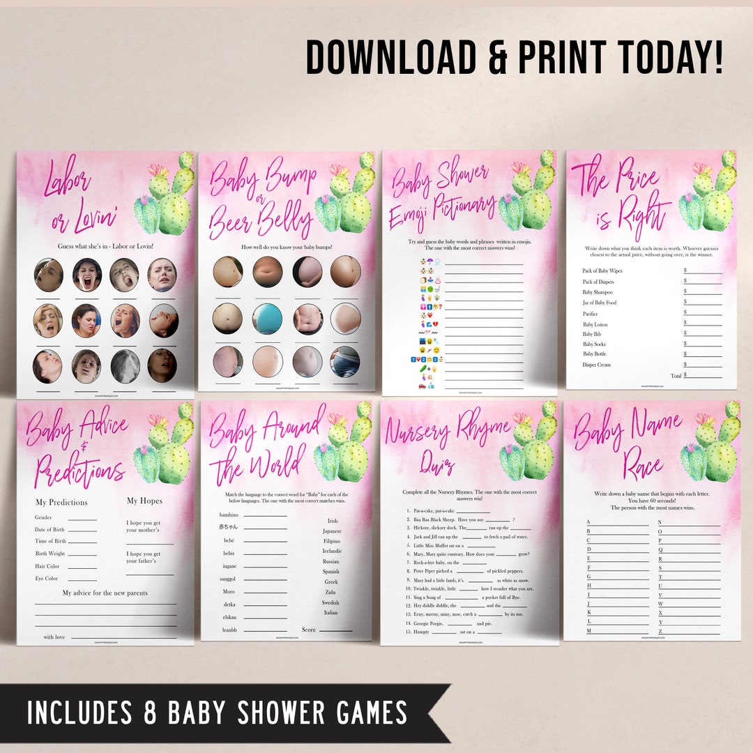 8 Baby Shower Games, Printable Baby Shower Games, Cactus Baby Games ...