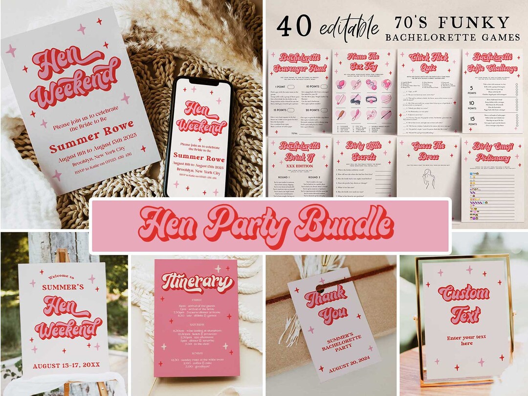 MAZZY Retro Hen Party Games Bundle, Editable Hen Party Games, Invites ...