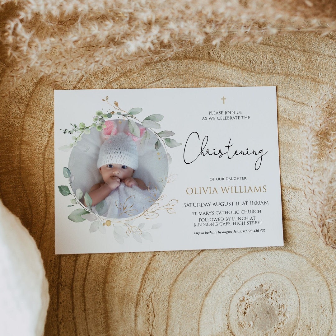 EDITABLE Christening Invitation Template, Botanical Printable Photo ...