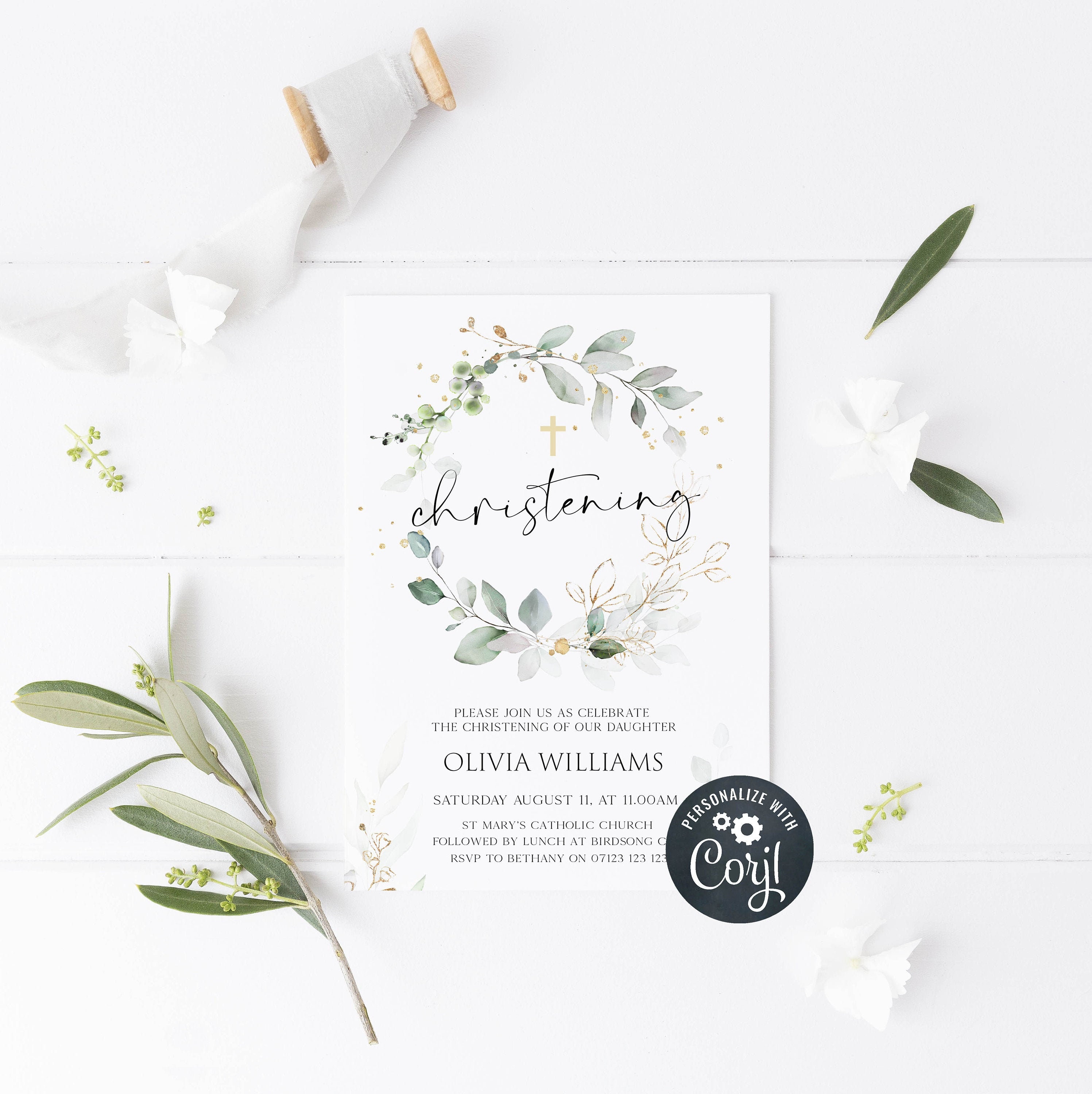 EDITABLE Christening Invitation Template Gold Greenery - Etsy