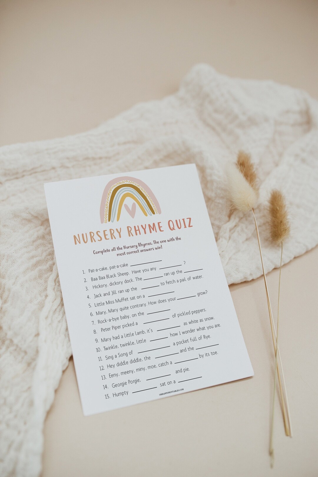 Boho Rainbow Baby Shower, Nursery Rhyme Quiz, Printable Baby Shower ...