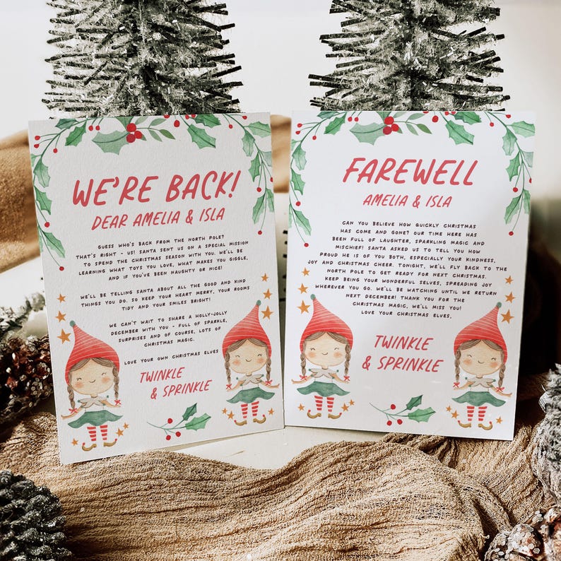 Two Girls Elf Arrival Letter & Goodbye, Girls Elf Letter Set Christmas ...