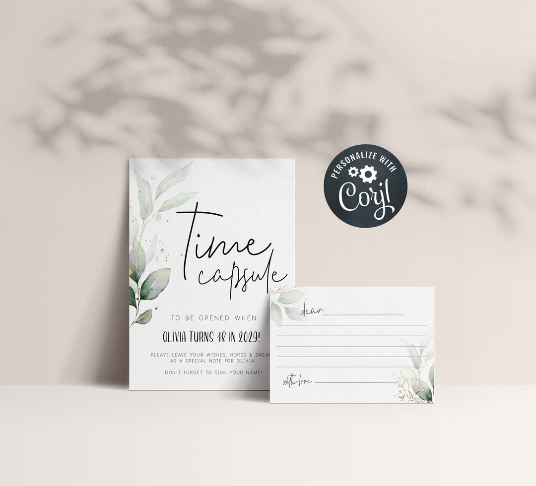 EDITABLE Time Capsule for First Birthday, Gold Greenery, First Birthday ...